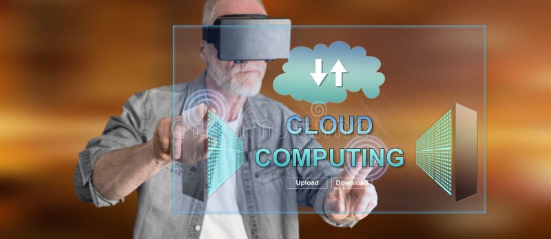 Man with VR Headset Touching a Cloud Computing Concept on a Touch ...