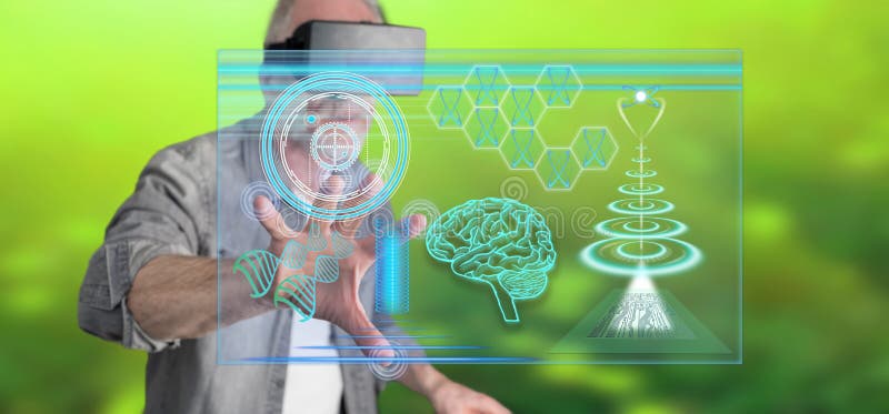 Man with VR Headset Touching a Futuristic Technologies Concept on a ... Man with VR Headset Touching a Futuristic Technologies Concept on a ...