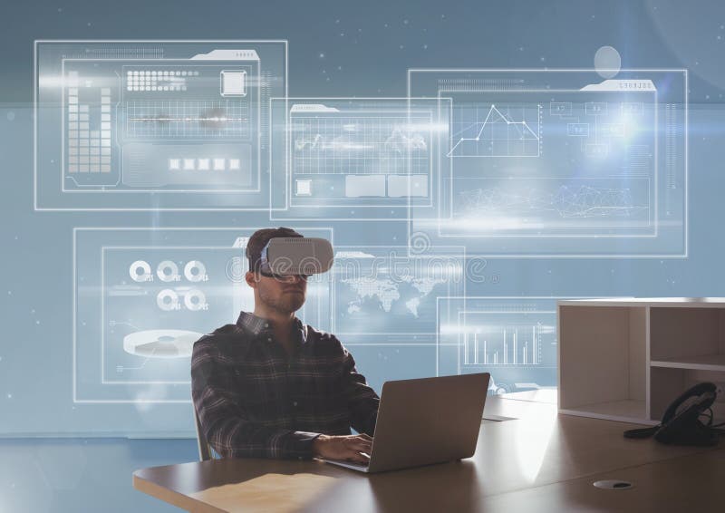 Man in VR Headset Looking at a 3D Sphere Interface Stock Photo - Image ...