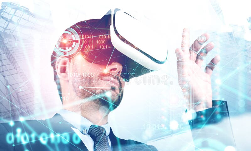 Man in VR Headset Working with HUD Interface Stock Photo - Image of ...