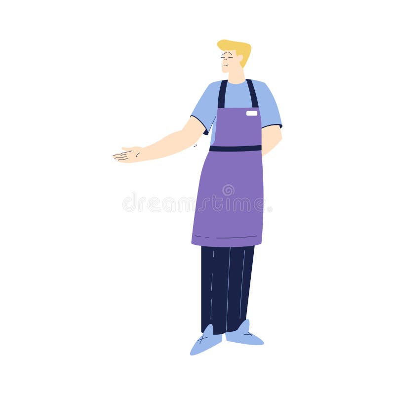 Man Waiter Character in Purple Apron Standing Vector Illustration Stock ...