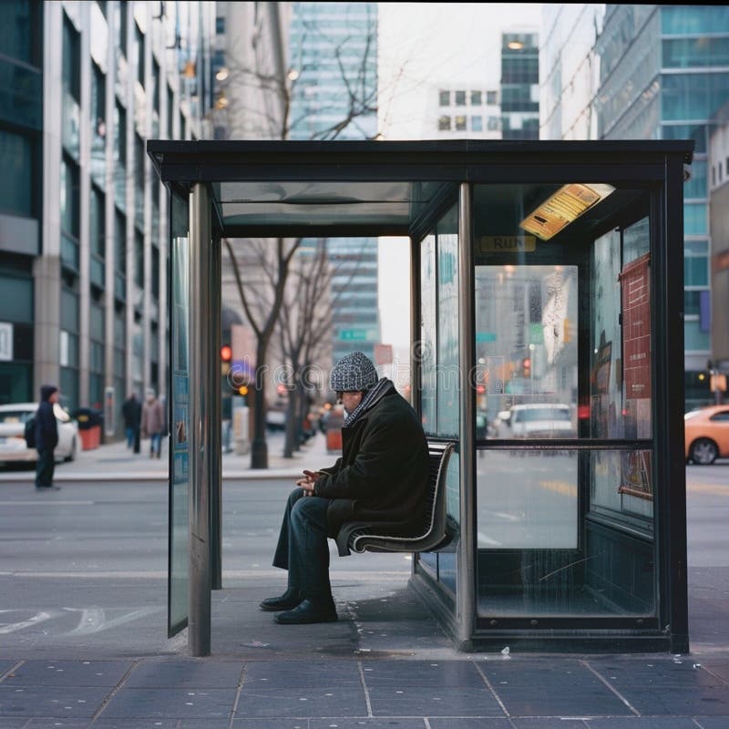 A Man Waiting for a Bus at a Bustling City Bus Stop Stock Illustration ...