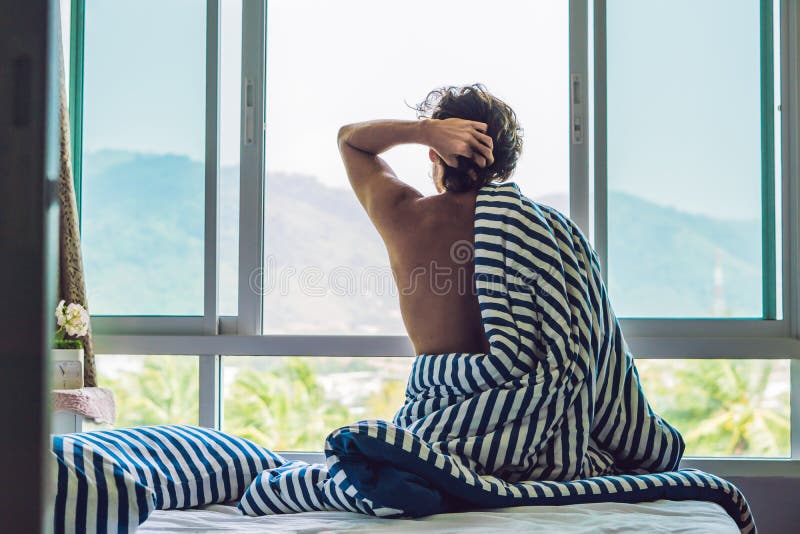 Man Wake Up and Stretching in Morning with Mountain View Stock Image ...