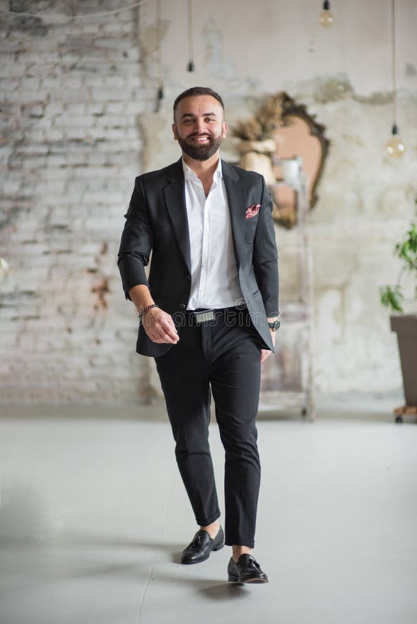 Man Walk Inside Home in Black Suit, Stock Image - Image of jacket ...
