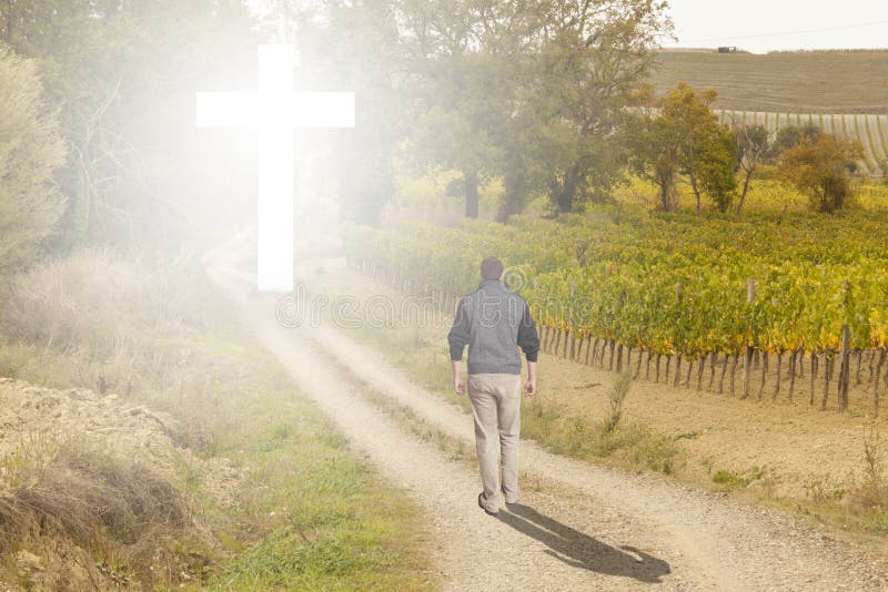 Man walk to the Cross stock photo. Image of night, stars - 52423738
