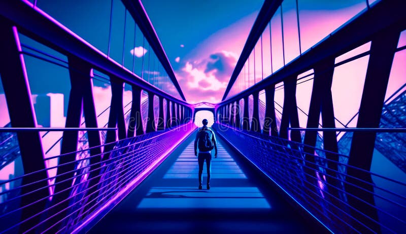 Man is Walking Across Bridge with Purple Sky in the Background ...