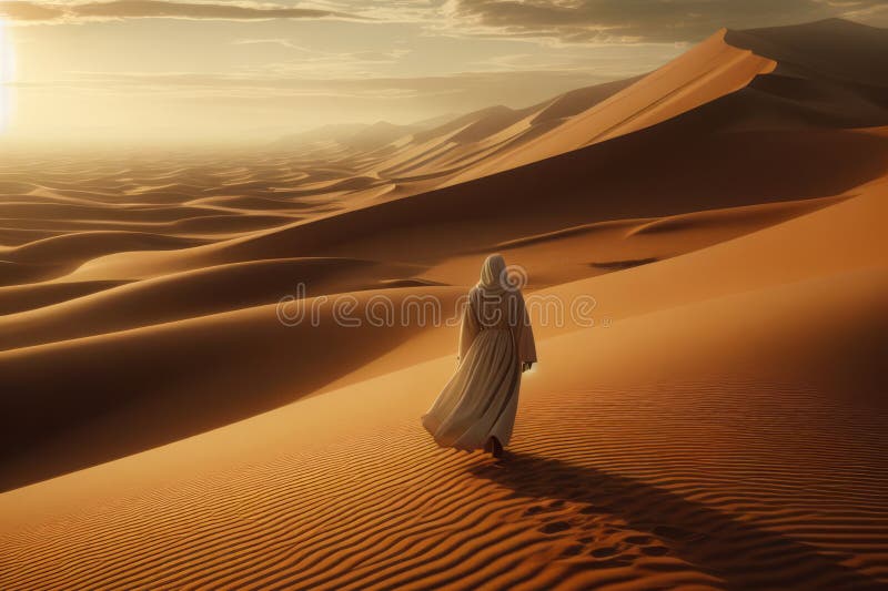 A Man is Walking Across a Desert with a Long White Robe Stock Photo ...