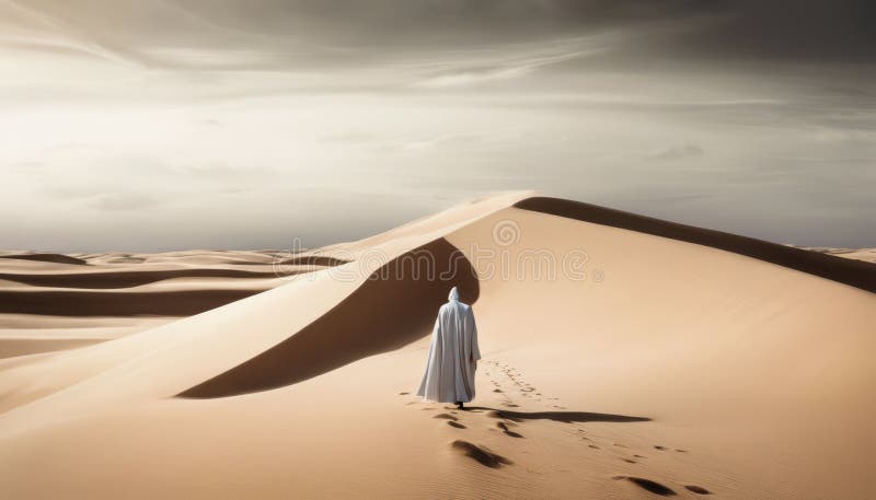 A Man is Walking Across a Desert with a White Robe on Stock Image ...