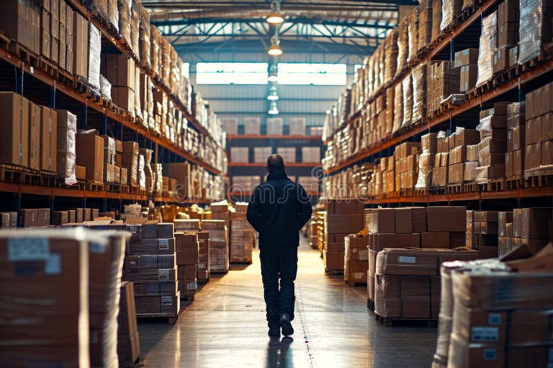 Man is Walking through Aisle in Warehouse Looking at Boxes on Shelves ...