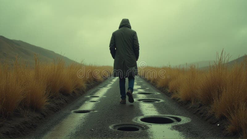 Man Walking Alone on a Misty Road Stock Illustration - Illustration of ...