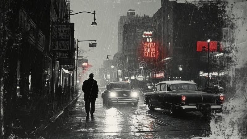 Man Walking Alone on a Rainy City Street at Night Stock Illustration ...