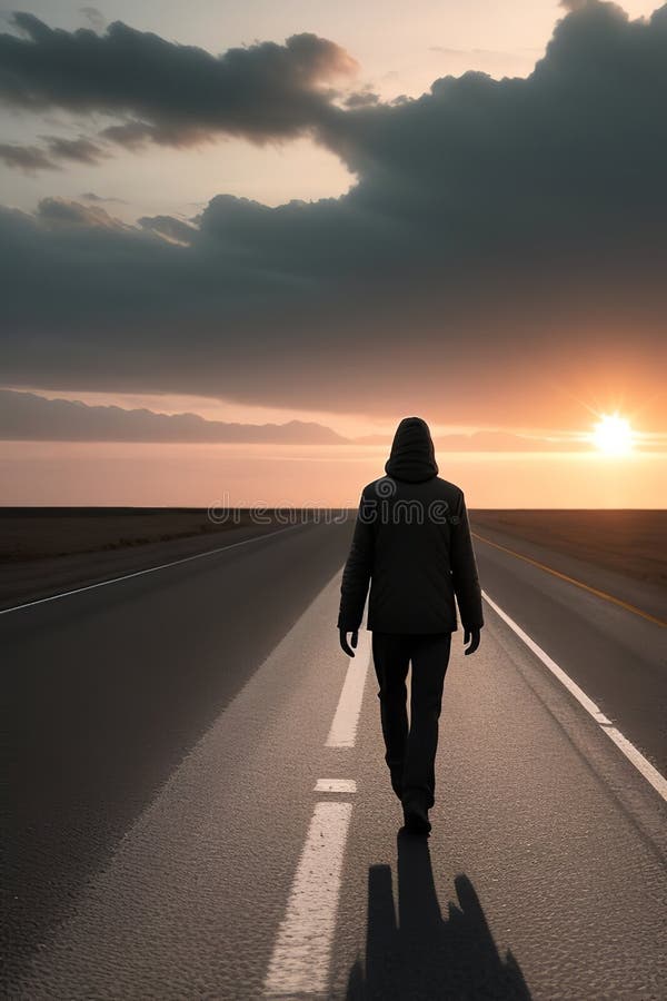 Man walking alone on road stock illustration. Illustration of walking ...