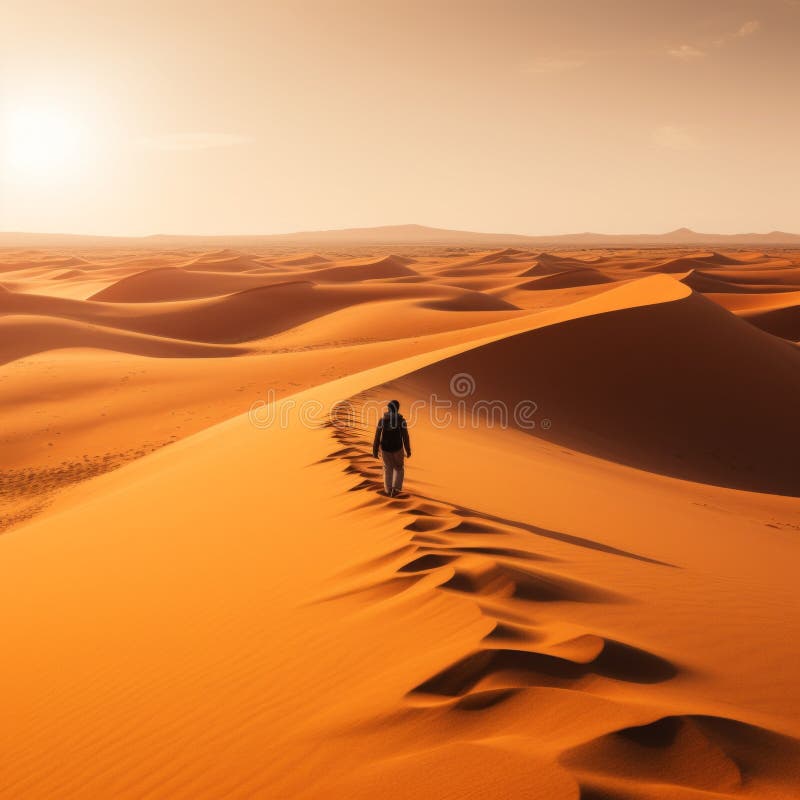 Man Walking Alone in the Sahara Desert at Sunset Stock Illustration ...