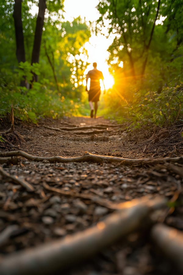 Man Walking on Cobblestone Path Towards Sunset, Concept of Future and ...