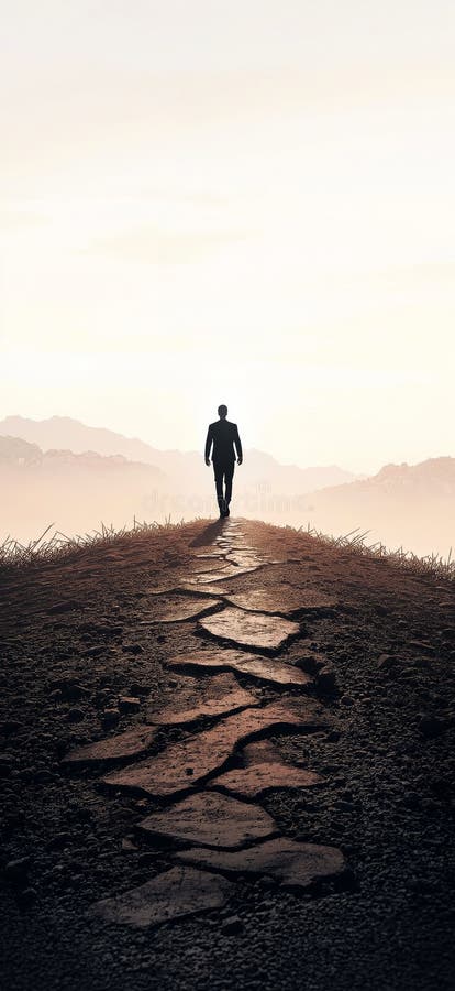 Man Walking on Cobblestone Path Towards Sunset, Concept of Future and ...