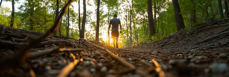 Man Walking on Cobblestone Path Towards Sunset, Concept of Future and ...