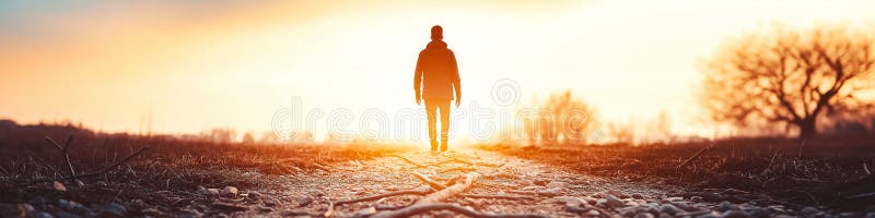 Man Walking on Cobblestone Path Towards Sunset, Concept of Future and ...