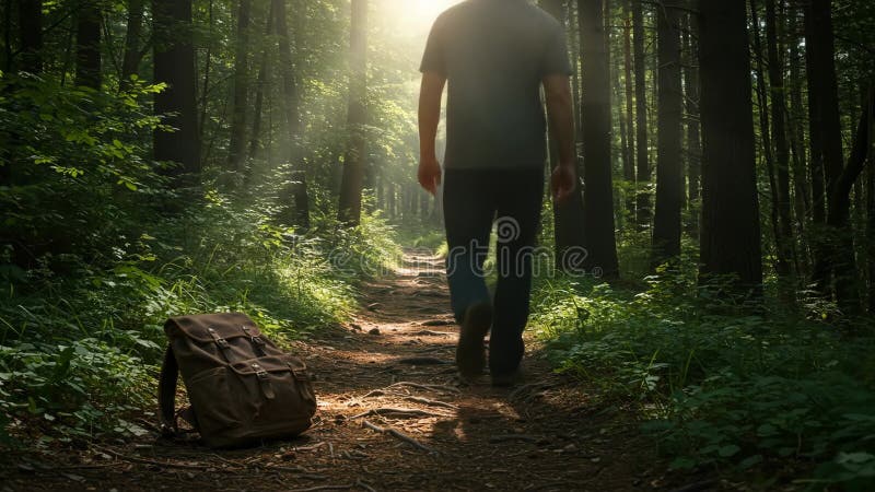 Man Walking Along a Forest Path with a Backpack in Natural Light Stock ...