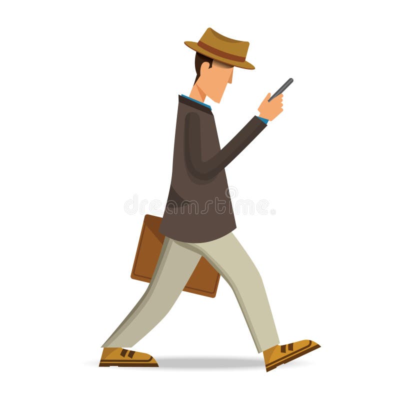 Man Walking Along Looking at Phone. Vector Illustration Decorative ...