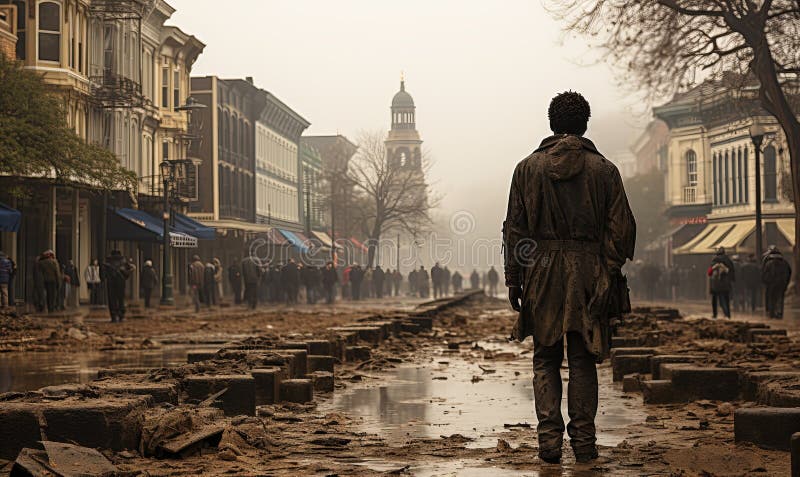 Man Walking Along Muddy Street Stock Image - Image of urban, journey ...
