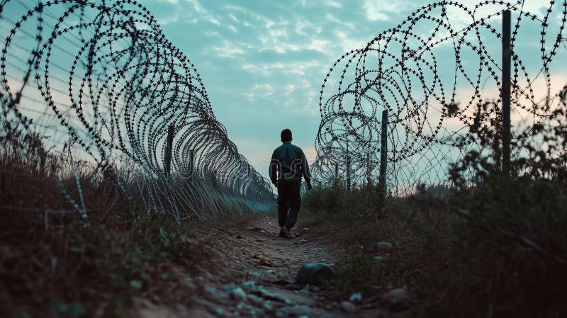 A Man Walking Along a Narrow Path between Two Rows of Barbed Wire. the ...