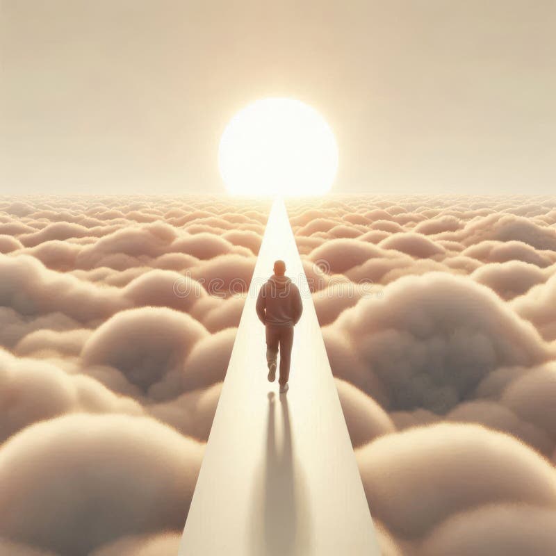 A Man Walking Along a Path Above the Clouds To the Sun. Stock Image ...