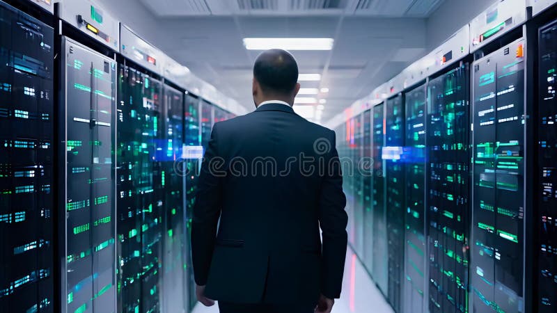 A Man Walking Alongside Rows of Servers, in a Data Center. Stock ...