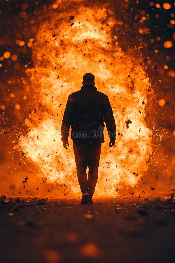 Man Walking Away from Massive Fiery Explosion at Nighttime Stock ...