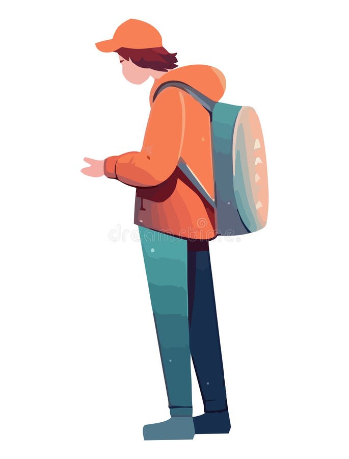 A Man Walking with a Backpack and Holding a Cap Stock Vector ...