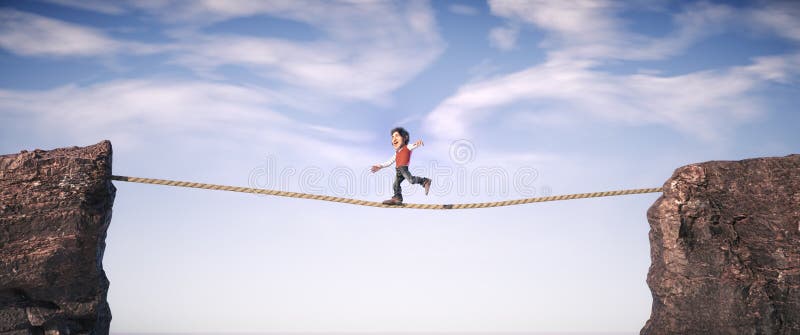 Man Walking in Balance on the Rope Over the Mountains Stock ...