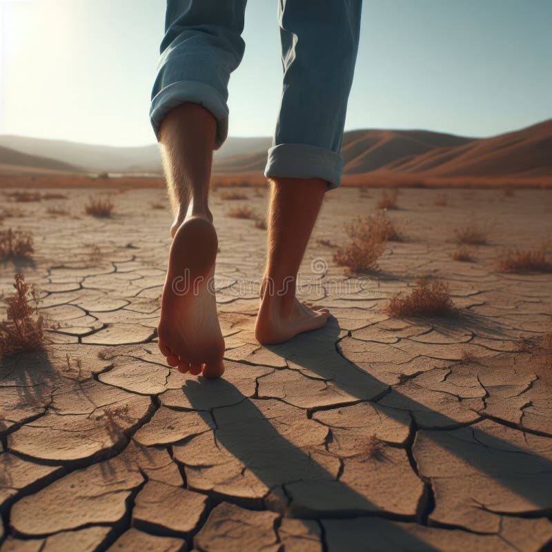 Man Walking Barefoot on the Surface of Cracked Soil. Stock Image ...
