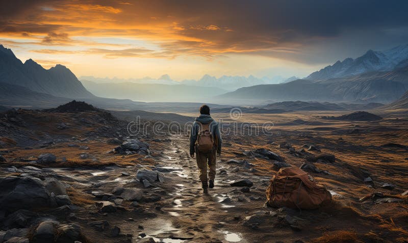 Man Walking through Barren Landscape Stock Photo - Image of empty ...