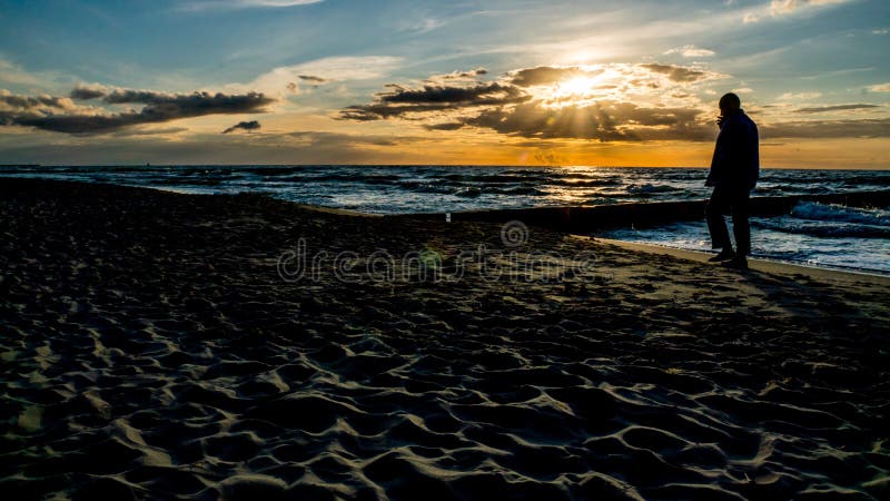 Man Walking on the Beach at Sunset Editorial Stock Image - Image of ...