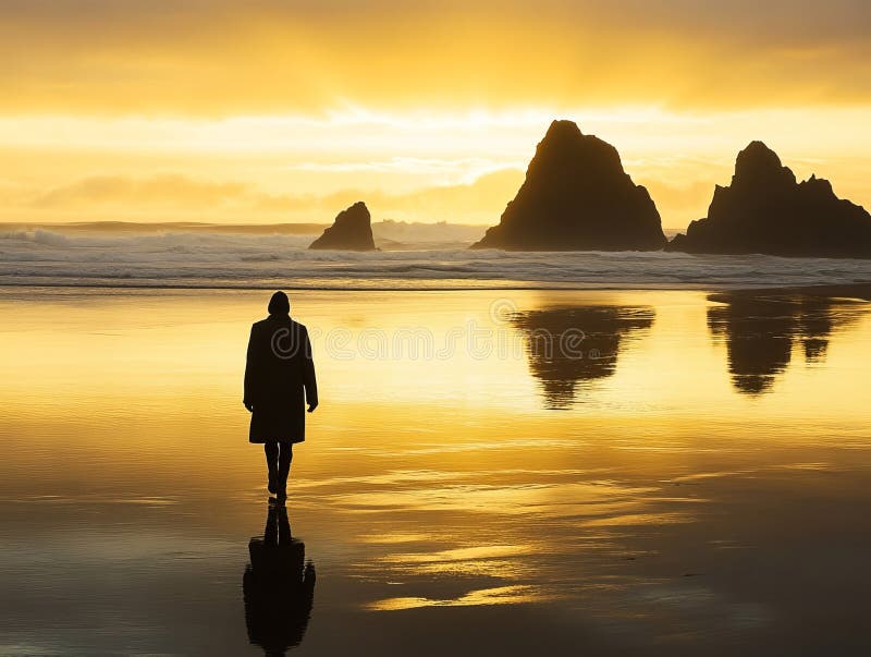 Man Walking on Beach at Sunset with Rock Formations in Background Stock ...