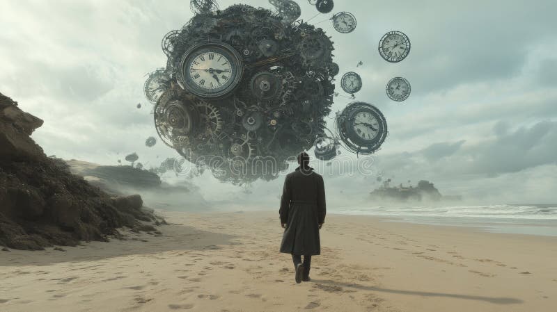 Man Walking on Beach Under Surreal Clockwork Sphere in Sky Stock Image ...