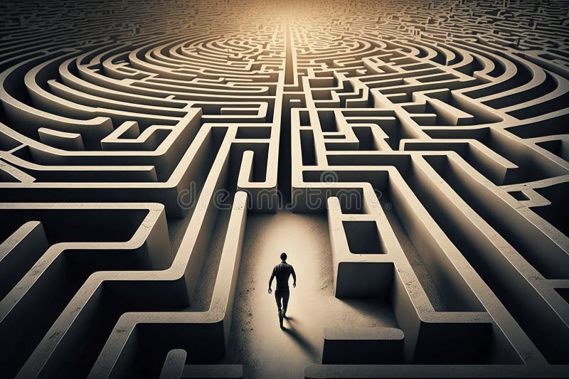 Man Walking into Big Labyrinth. Finding Solution Concept, Generative AI ...