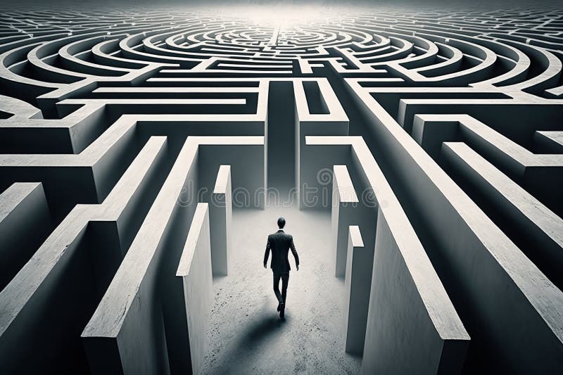 Man Walking into Big Labyrinth. Finding Solution Concept Stock ...