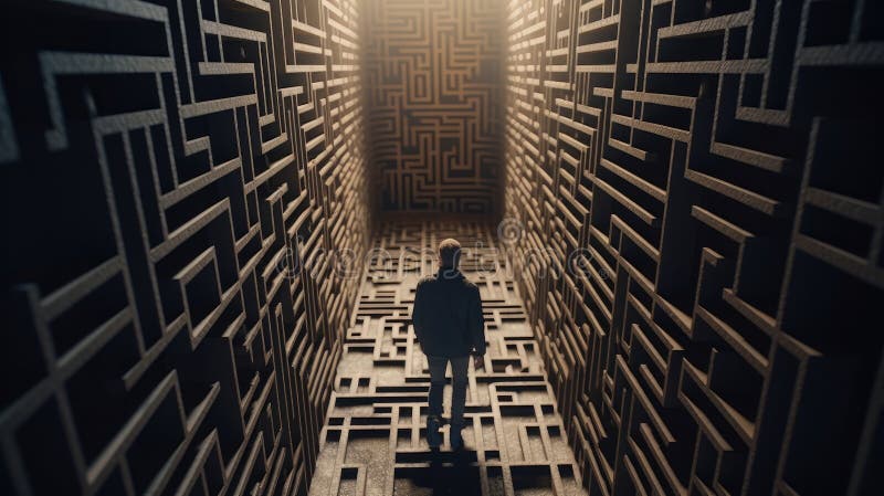 Man Walking into Big Labyrinth. Finding Solution Concept. Generative Ai ...