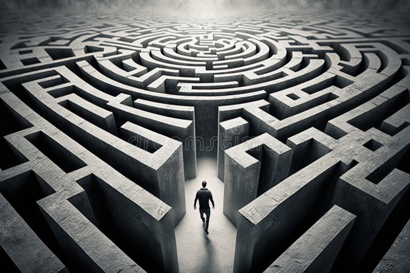 Man Walking into Big Labyrinth. Finding Solution Concept Stock ...