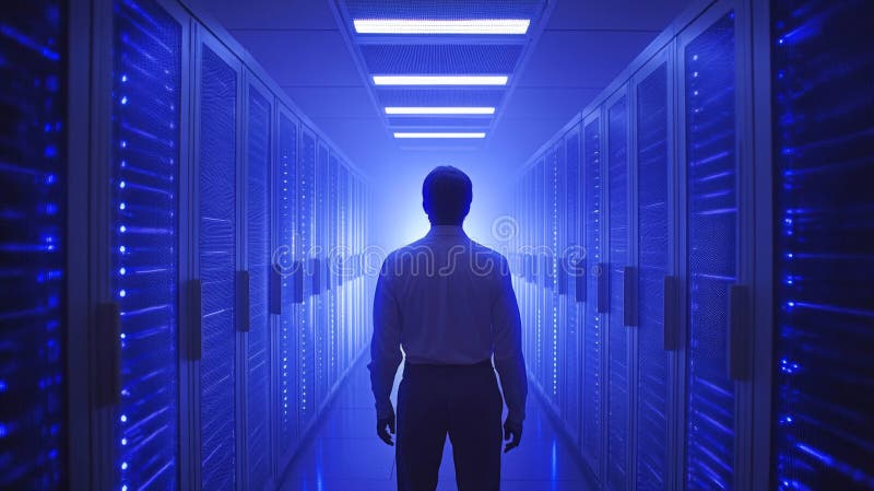 Man Walking through Blue Lit Server Room Stock Illustration ...