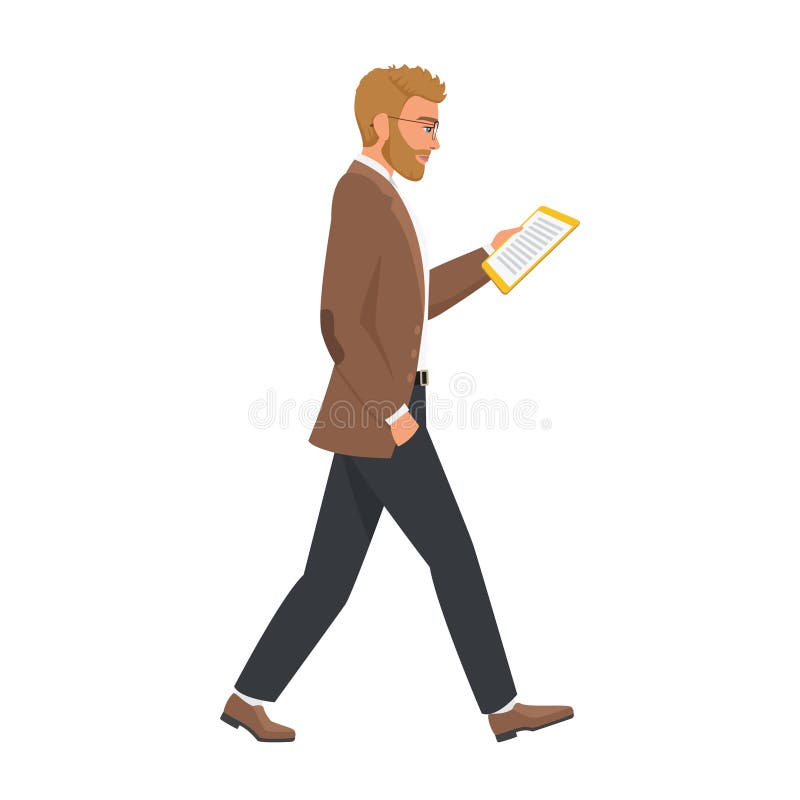 Man Walking, Busy Male Expert and Office Worker Reading Document, Side ...