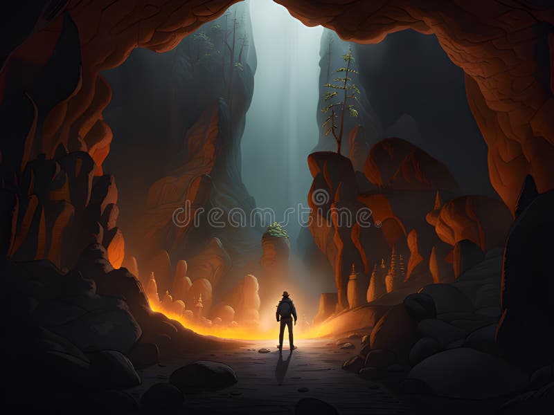 A Man Walking through a Cave Stock Illustration - Illustration of white ...