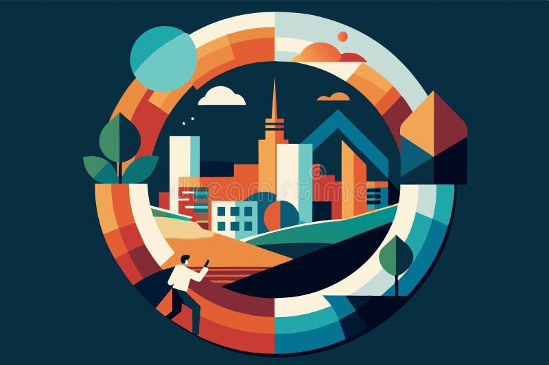 A Man is Walking in a Circular Path with a City in the Backdrop Stock ...