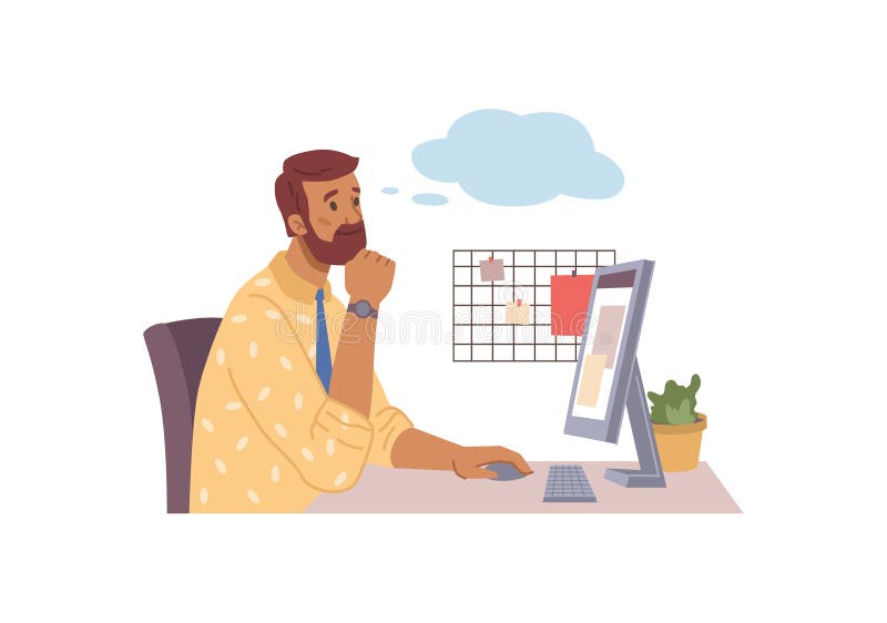Man Walking on Computer and Thinking about Problem Stock Vector ...