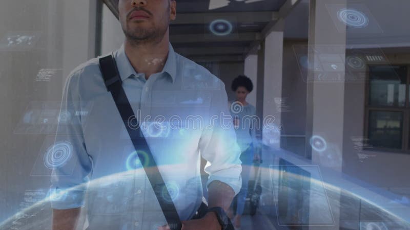 Man Walking in Corridor with Digital Data Processing Animation Overlay ...