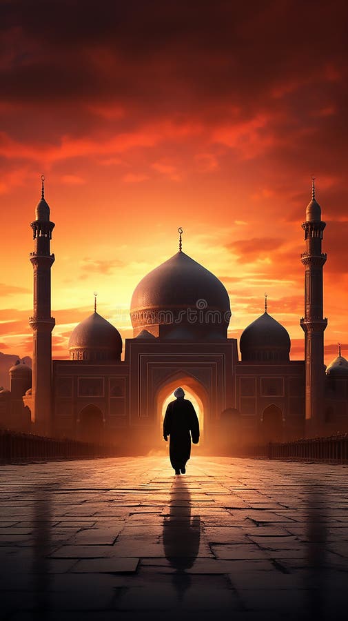 A Man Walking through a Courtyard Towards a Mosque at Sunset, in the ...