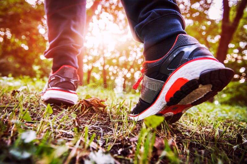 Man Walking Cross Country and Trail in Spring Forest Stock Image ...