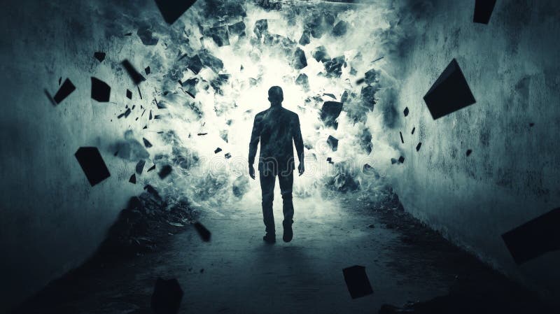 Man Walking through a Crumbling Tunnel Stock Illustration ...