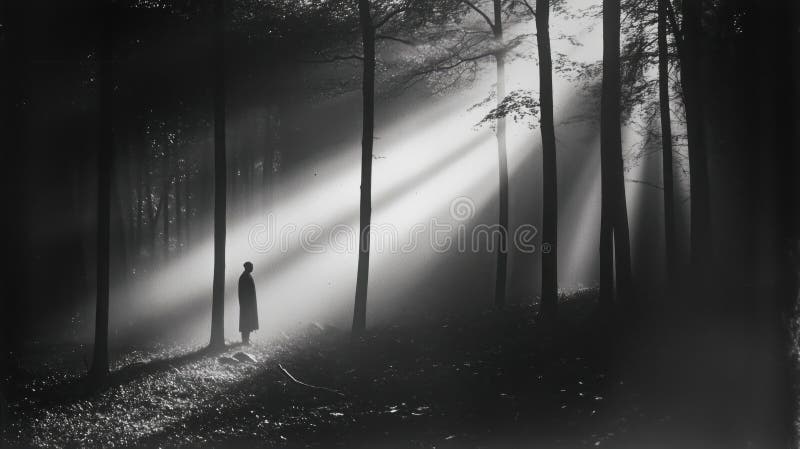 Man Walking in Dark Forest with Sunbeams Shining through Trees Stock ...