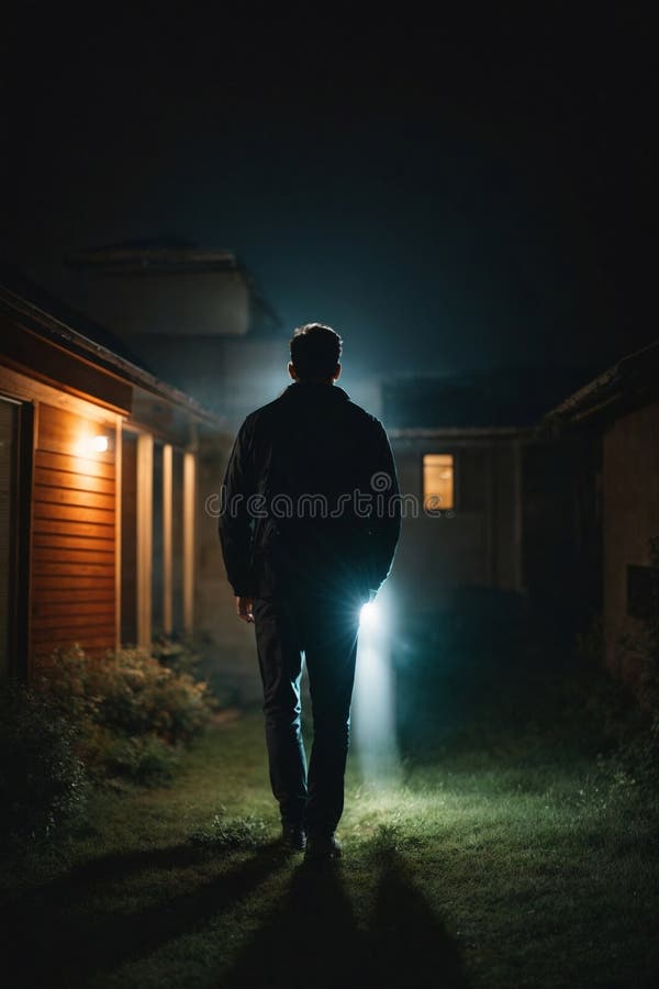 Man Walking on Dark Street at Night. Generative AI. Stock Photo - Image ...